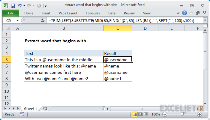 Excel Formula Extract Word That Begins With Specific Character Exceljet